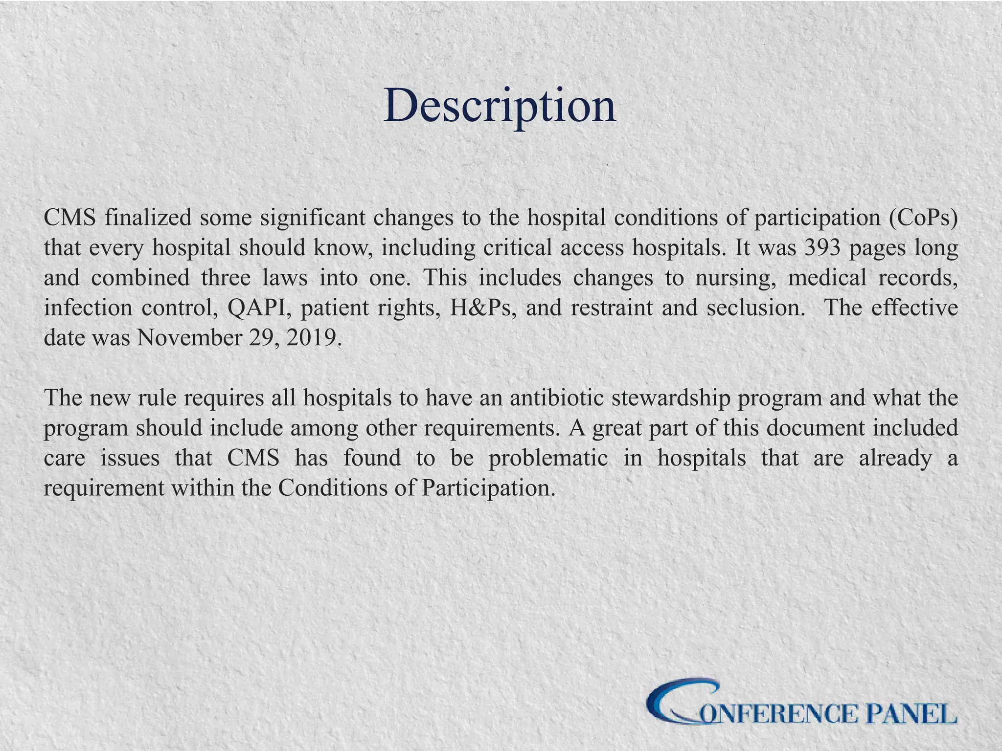 CMS Hospital Improvement FINAL Rules on Nursing, Medical Records, Infection Control, Antibiotic ...