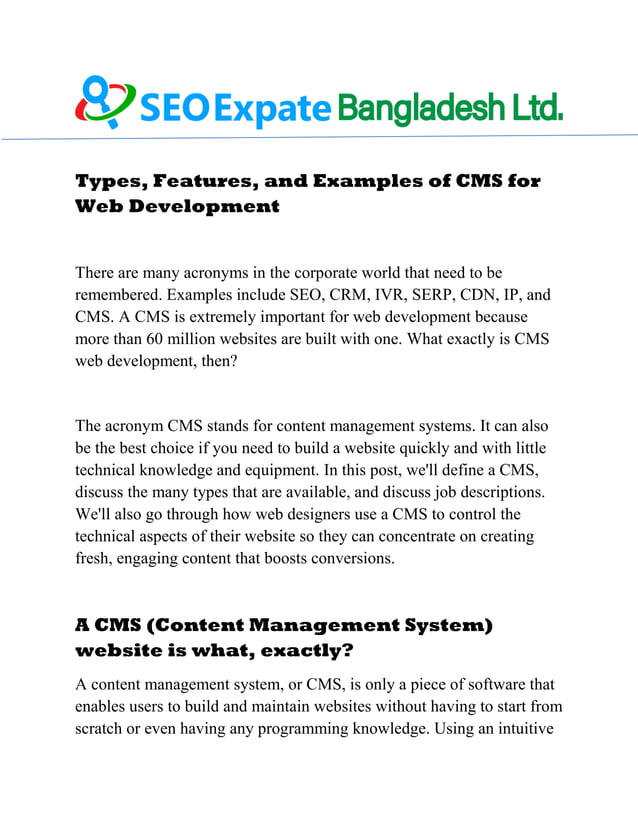 Types, Features, and Examples of CMS for Web Development | PDF