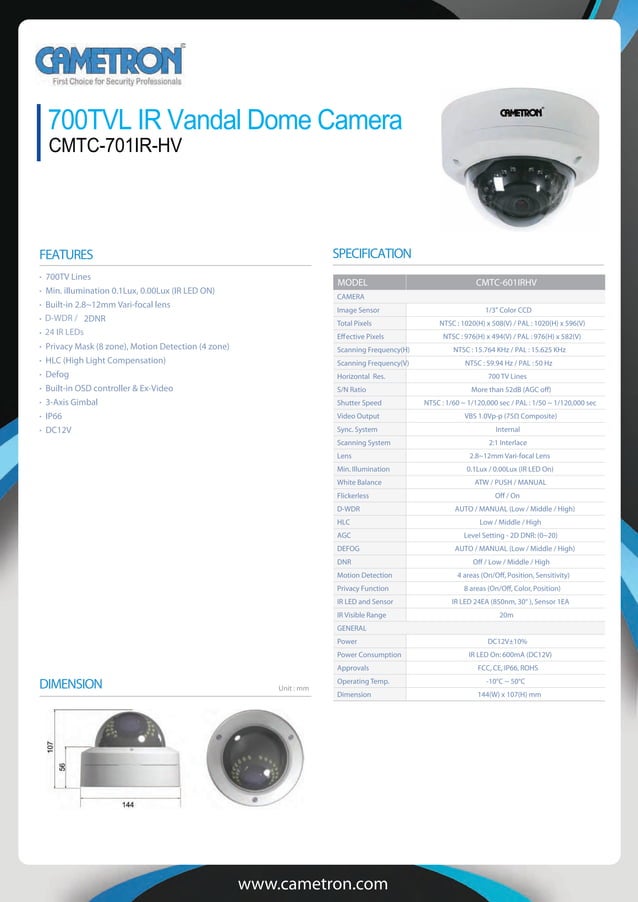 Datasheet Cametron Camera | PDF | Cameras and Camcorders | Consumer Electronics