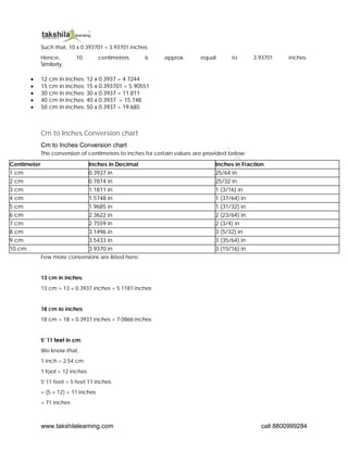 Centimeter To Inches Conversion Table