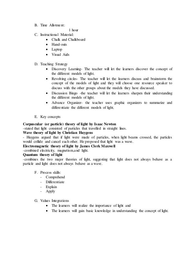 Sample Detailed Lesson Plan for Senior High School Physical Science, Sample Detailed Lesson Plan for Senior High School Physical Science,