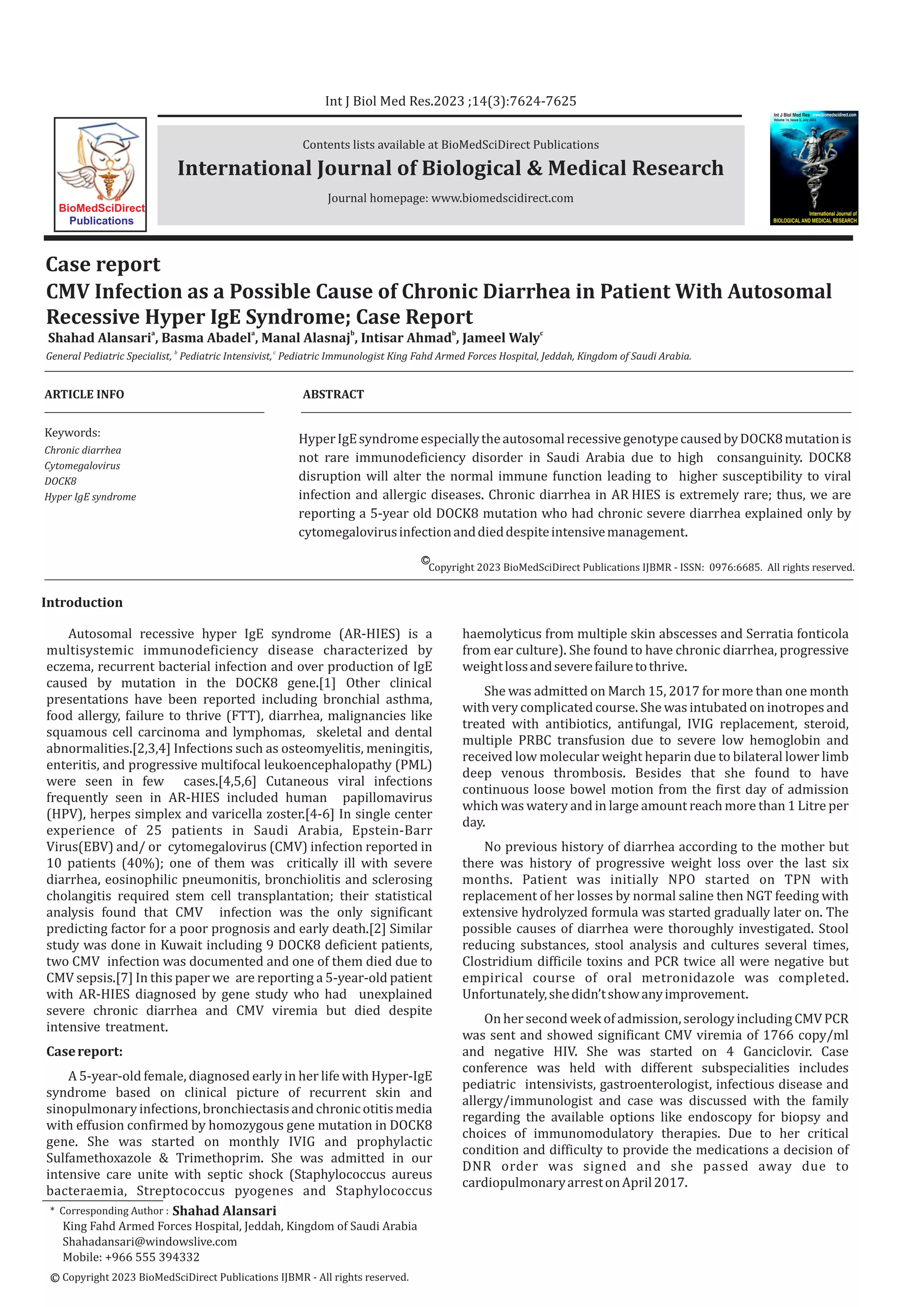 Cmv infection as a possible cause of chronic diarrhea in patient with ...