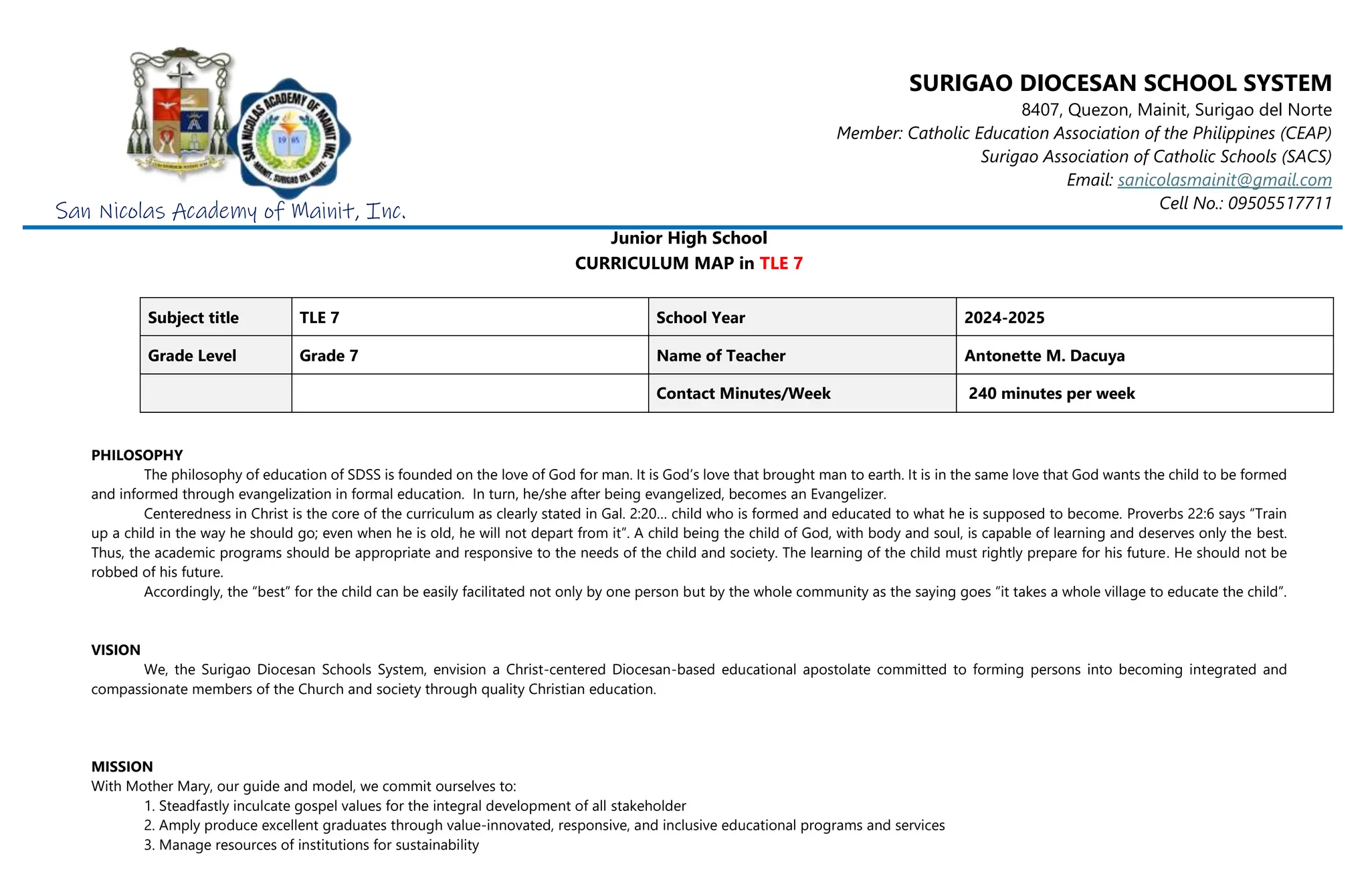 Curriculum Map Grade 7 Technical Livelihood Education | DOCX