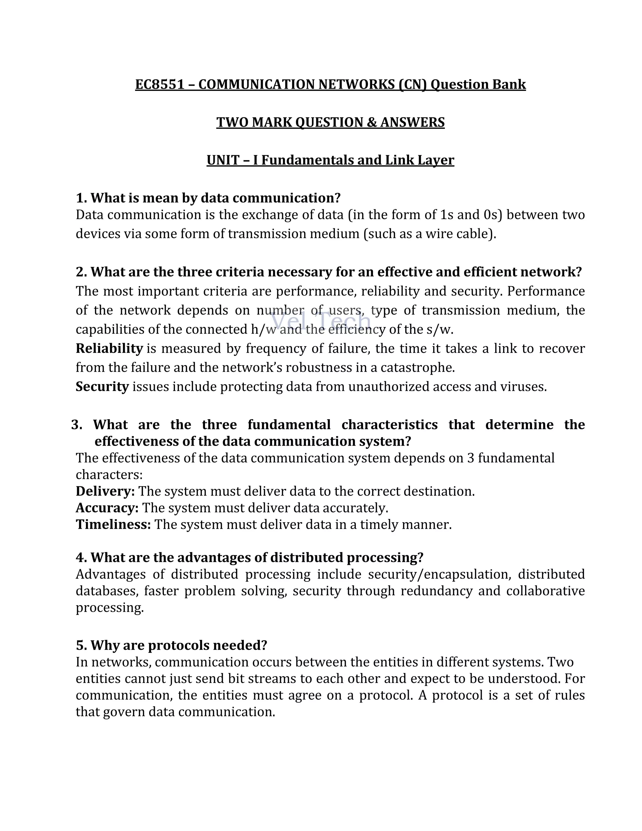 Communication Networks 2 marks q &answers | PDF
