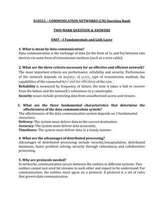 Communication Networks 2 marks q &answers | PDF