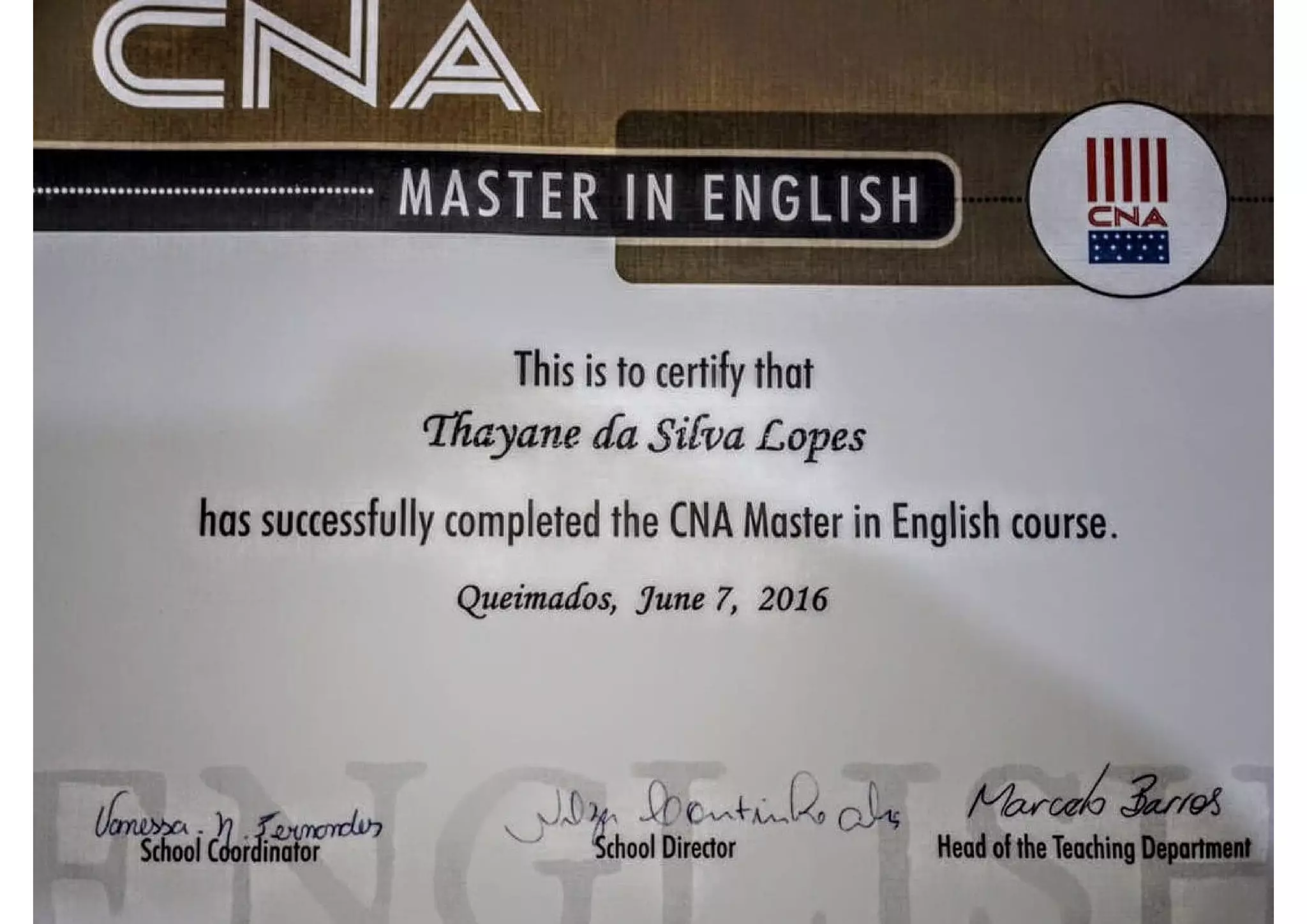 CNA Certificate: Master in English | Thayane Lopes | PPT