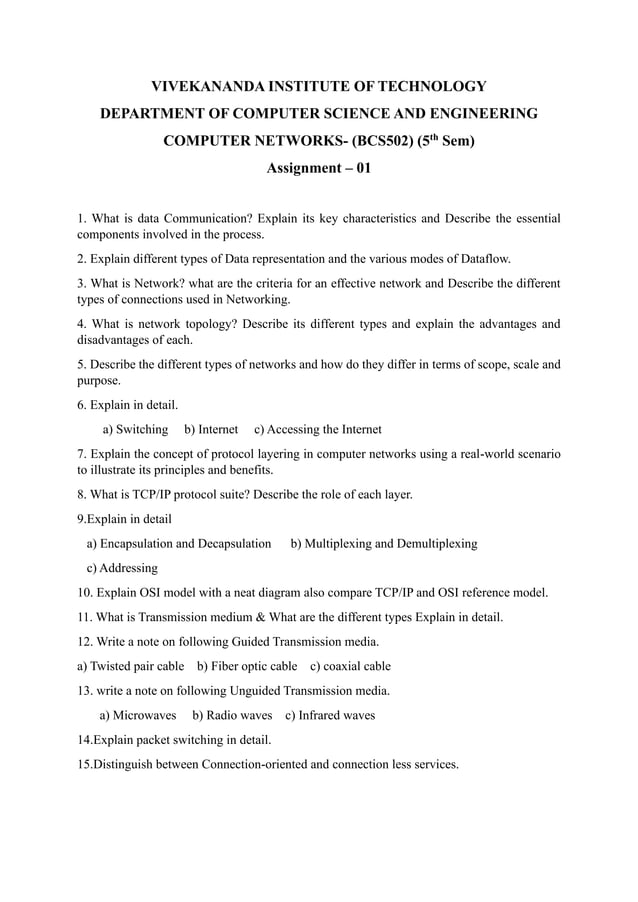 CN Assignment questions 5th sem important | PDF | Computer Networking | Computing