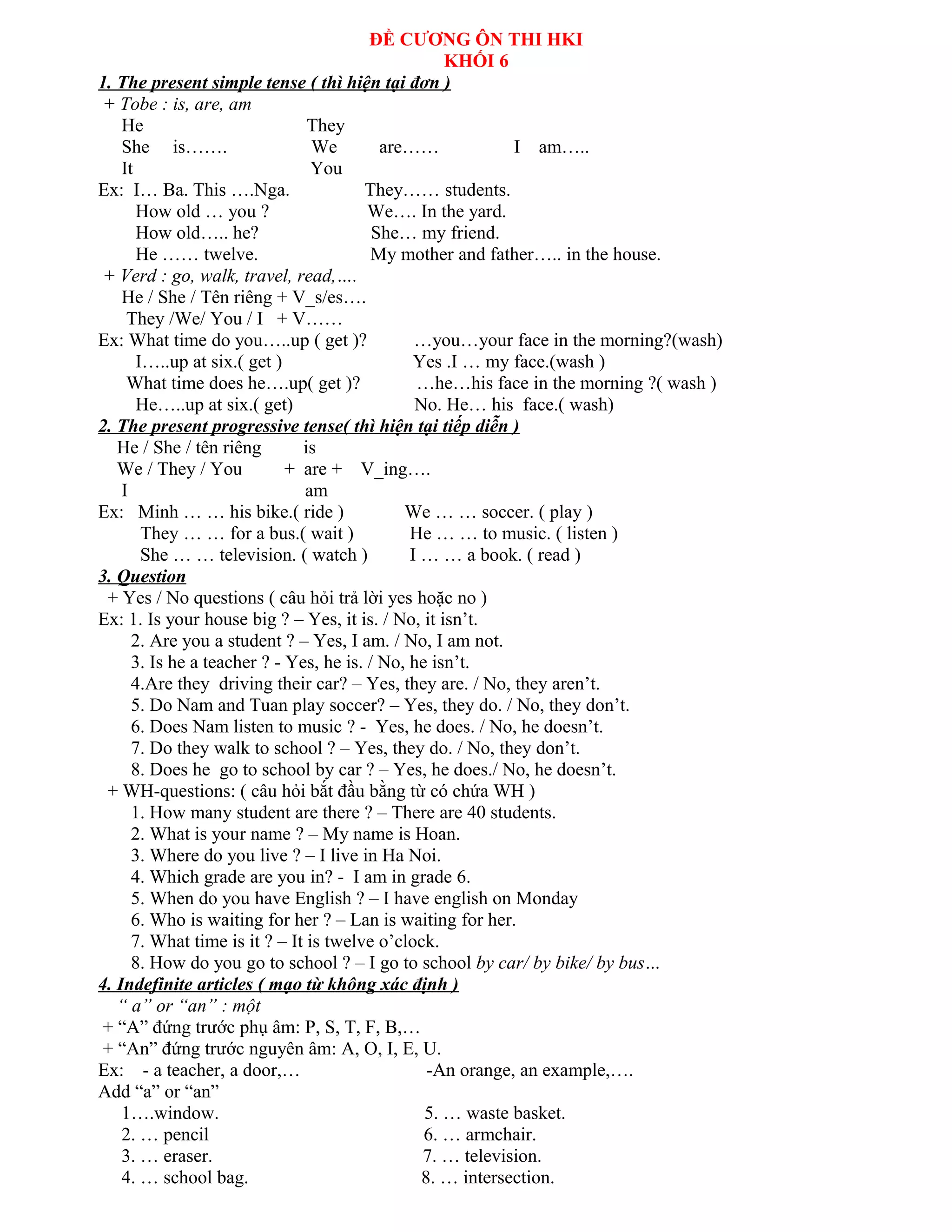 Cương ôn thi hki tiếng anh lớp 6 | PDF