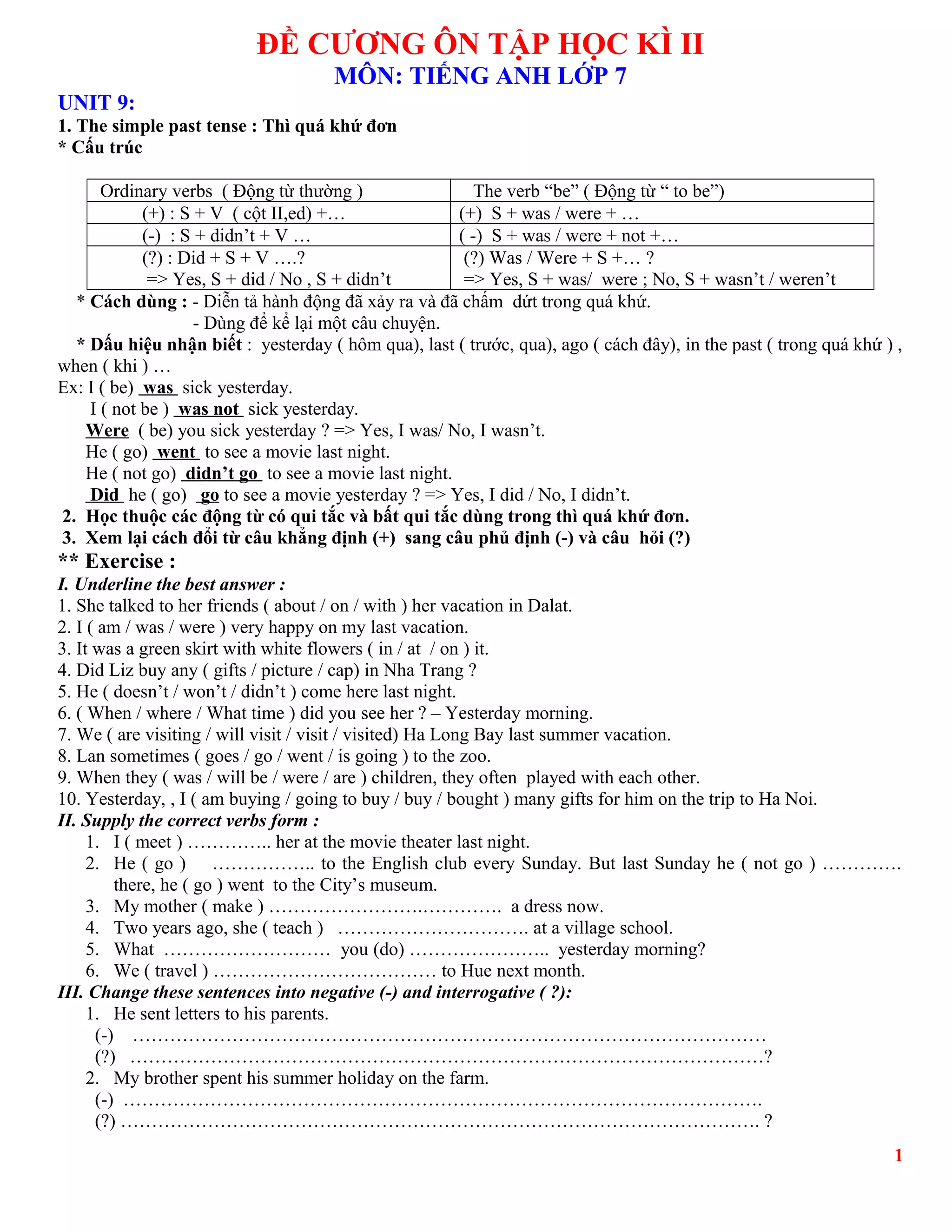 Cương ôn tập hkii tiếng anh lớp 7 | PDF