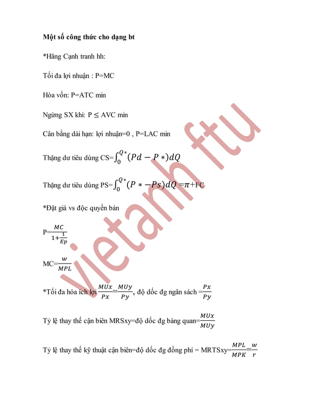 Công thức tổng hợp kinh tế vi mô 1 | PDF