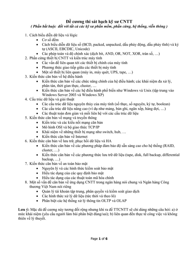 đề Cương thi sát hạch kỹ sư cntt | DOC