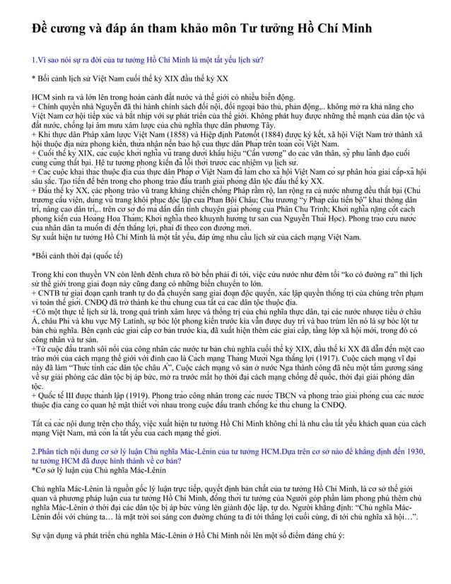 đề Cương và đáp án tham khảo môn tư tưởng hồ chí minh | DOC