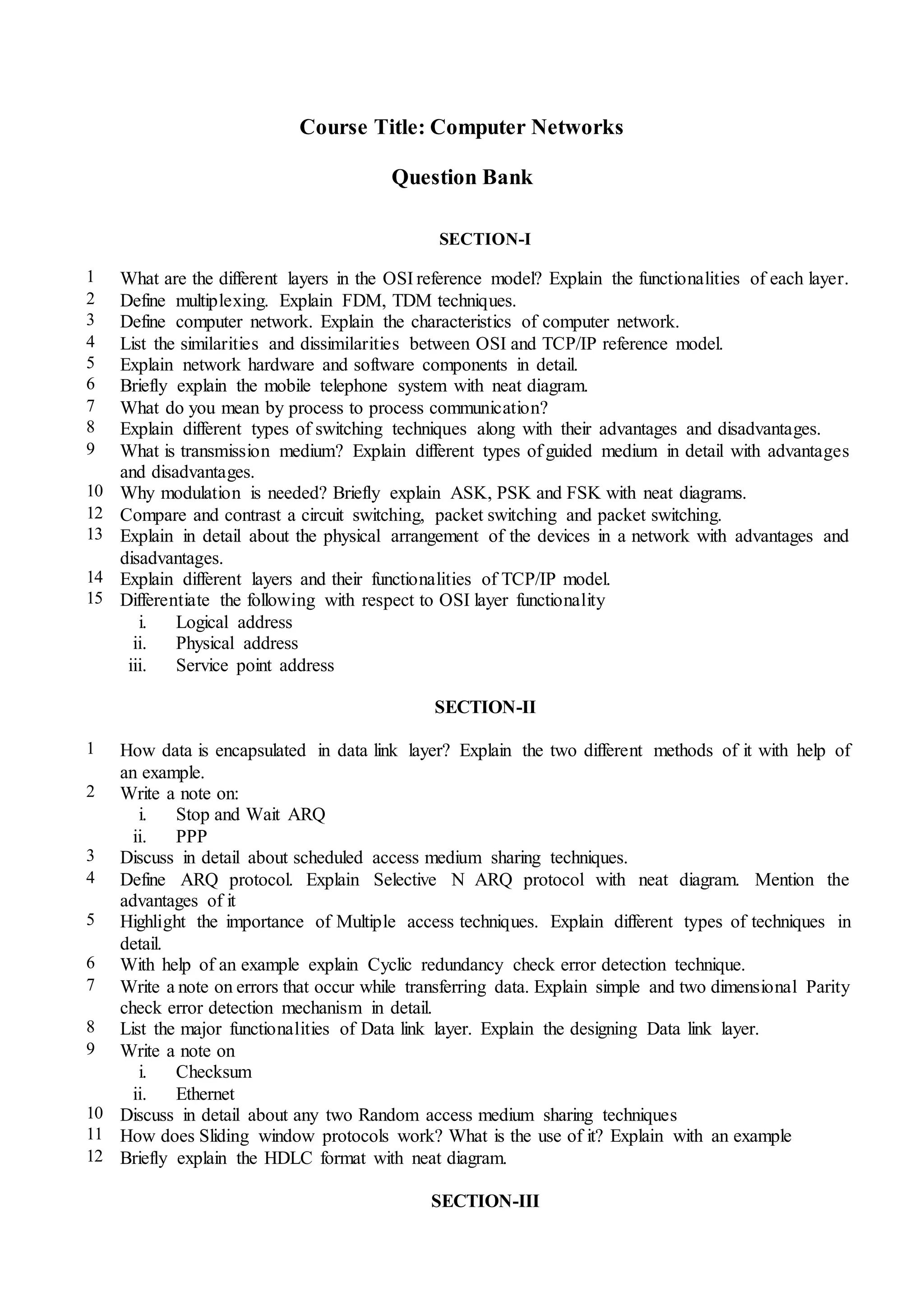 Cn question bank | DOCX | Computer Networking | Computing