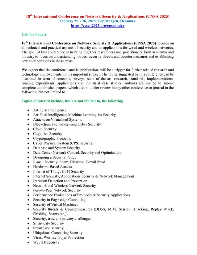 Call for Papers - 18th International Conference on Network Security ...
