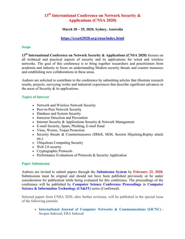13th International Conference On Network Security And Applications Cnsa 2020 Pdf