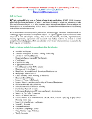 CFP - 18th International Conference on Network Security & Applications (CNSA 2025) | PDF