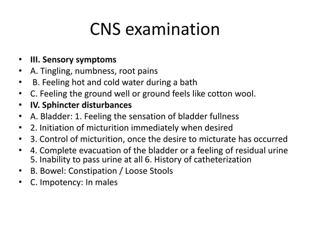 CNS EXAMINATION part 1 SGB.pptx | Brain and Nervous System Disorders | Diseases and Conditions