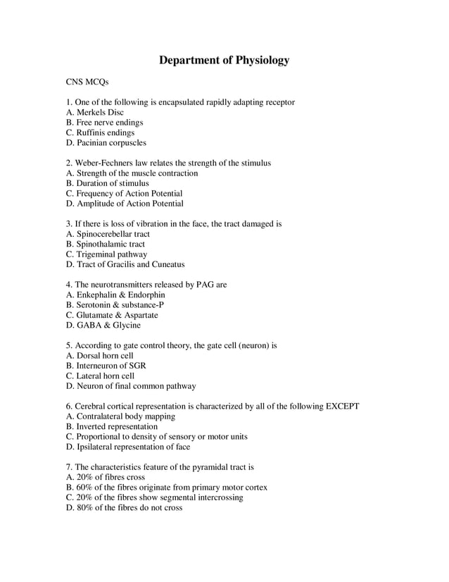 MCQs on CNS physiology | PDF