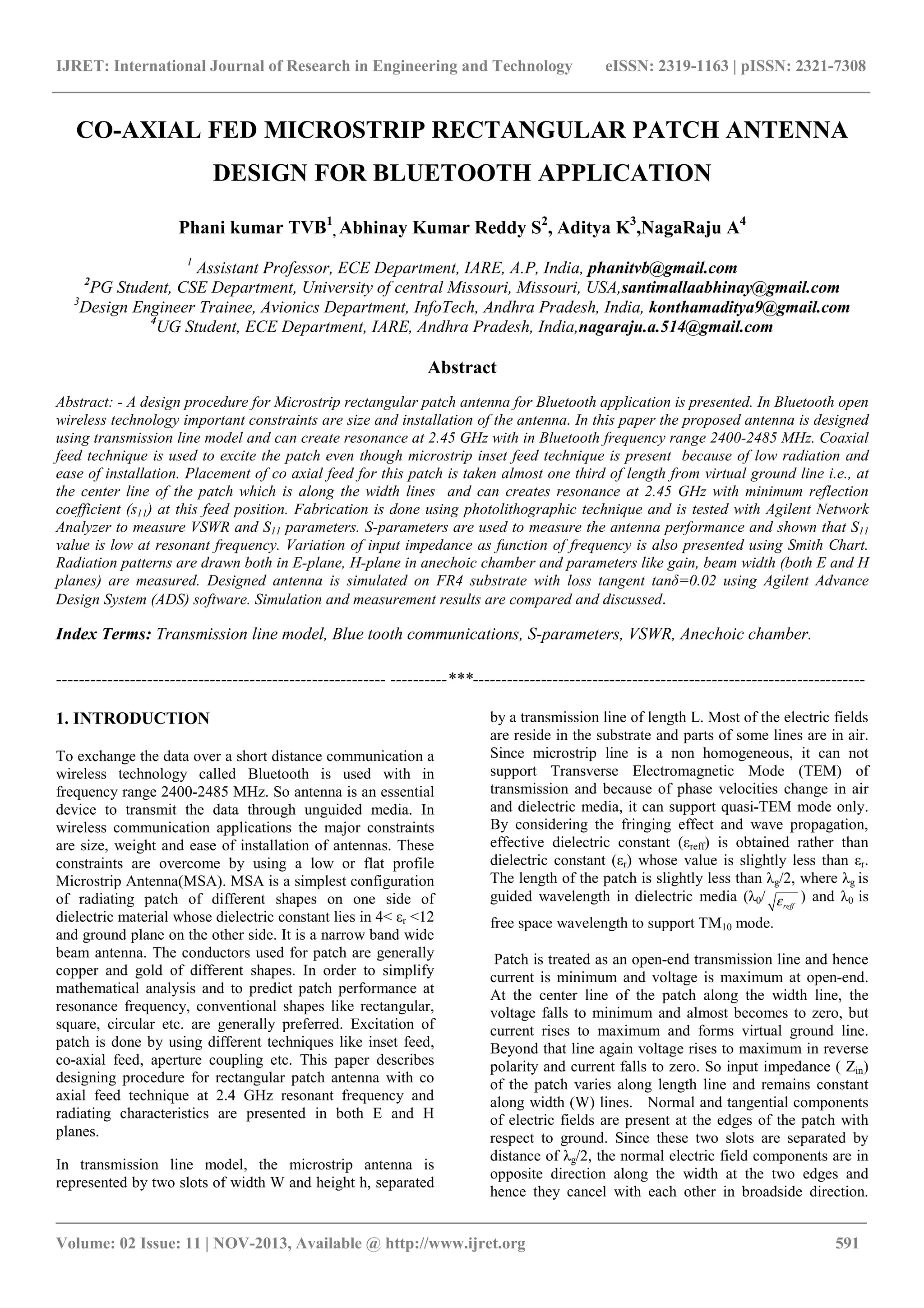 Co axial fed microstrip rectangular patch antenna | PDF