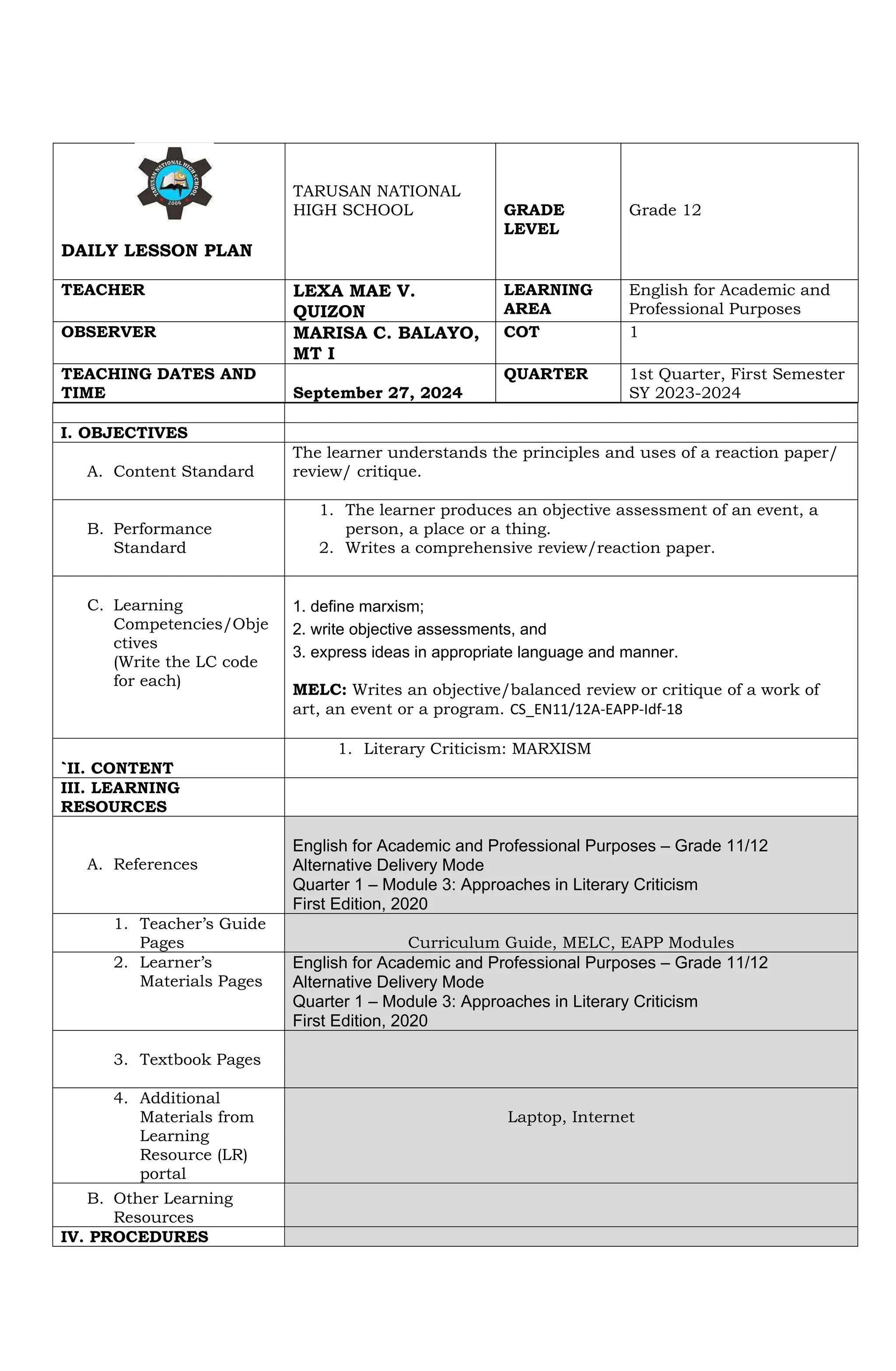 CO-EAPP.docx Detailed lesson plan in english academic professional ...