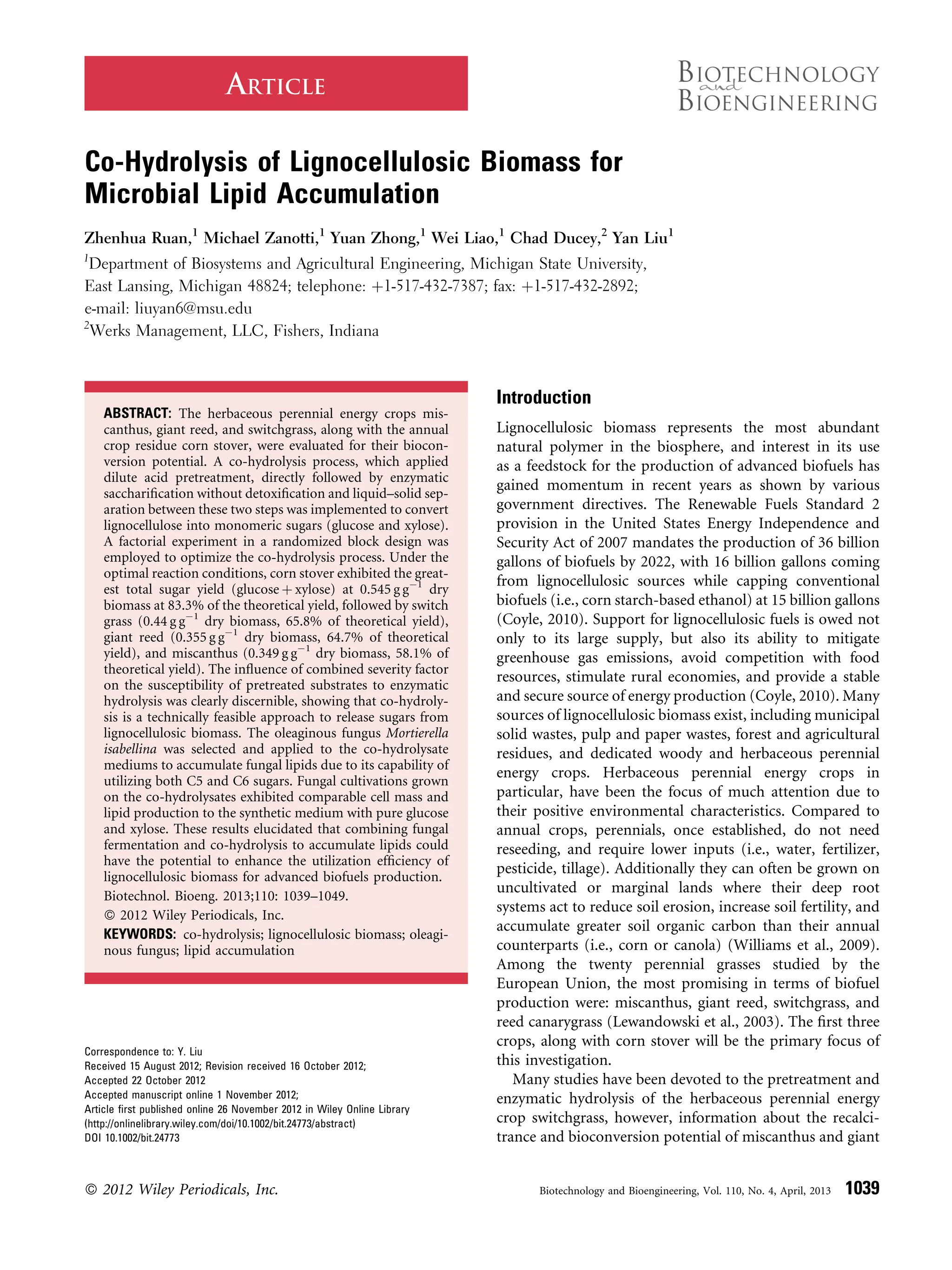 Co hydrolysis of lignocellulosic biomass for microbial lipid ...