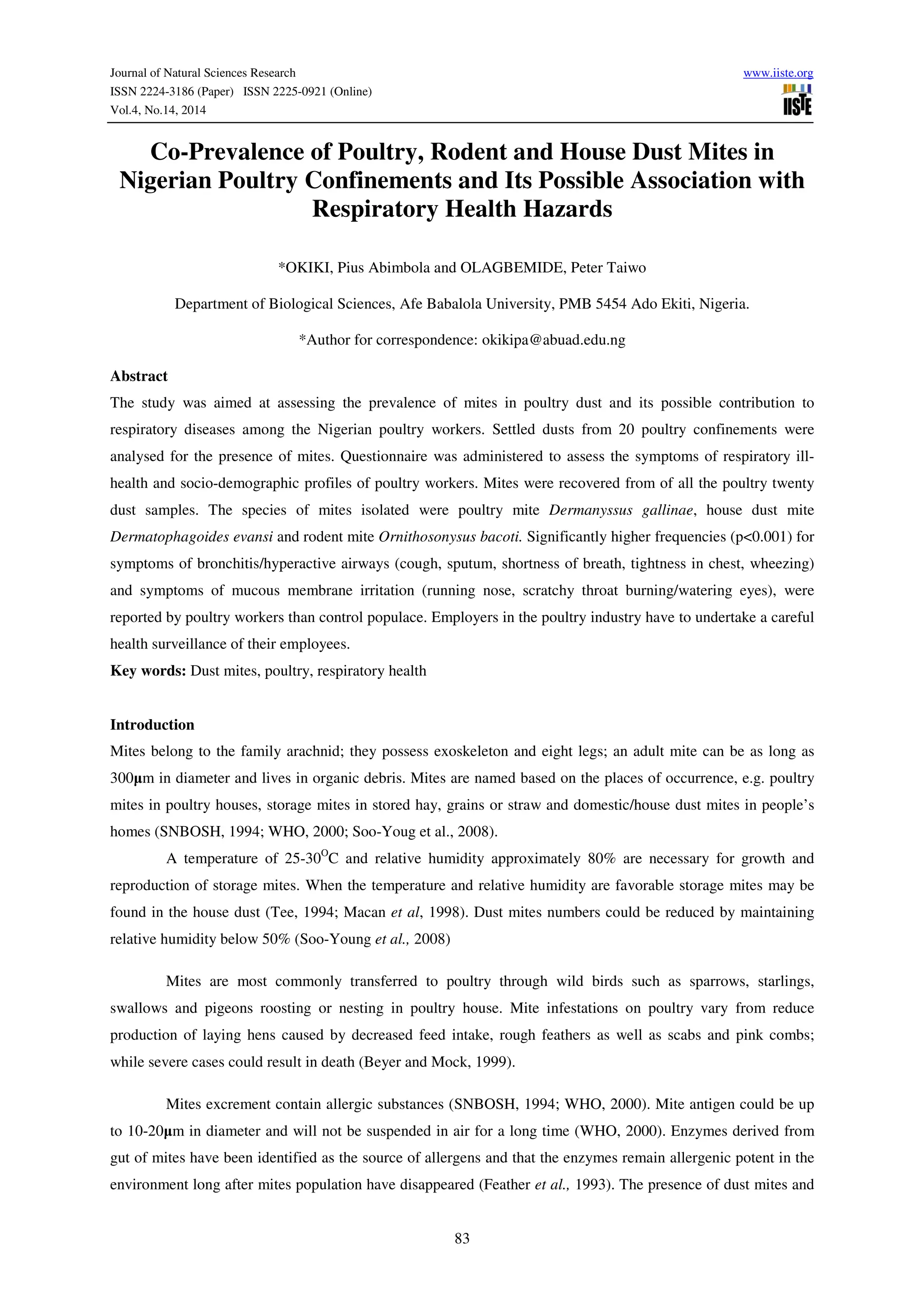 Co prevalence of poultry, rodent and house dust mites in | PDF
