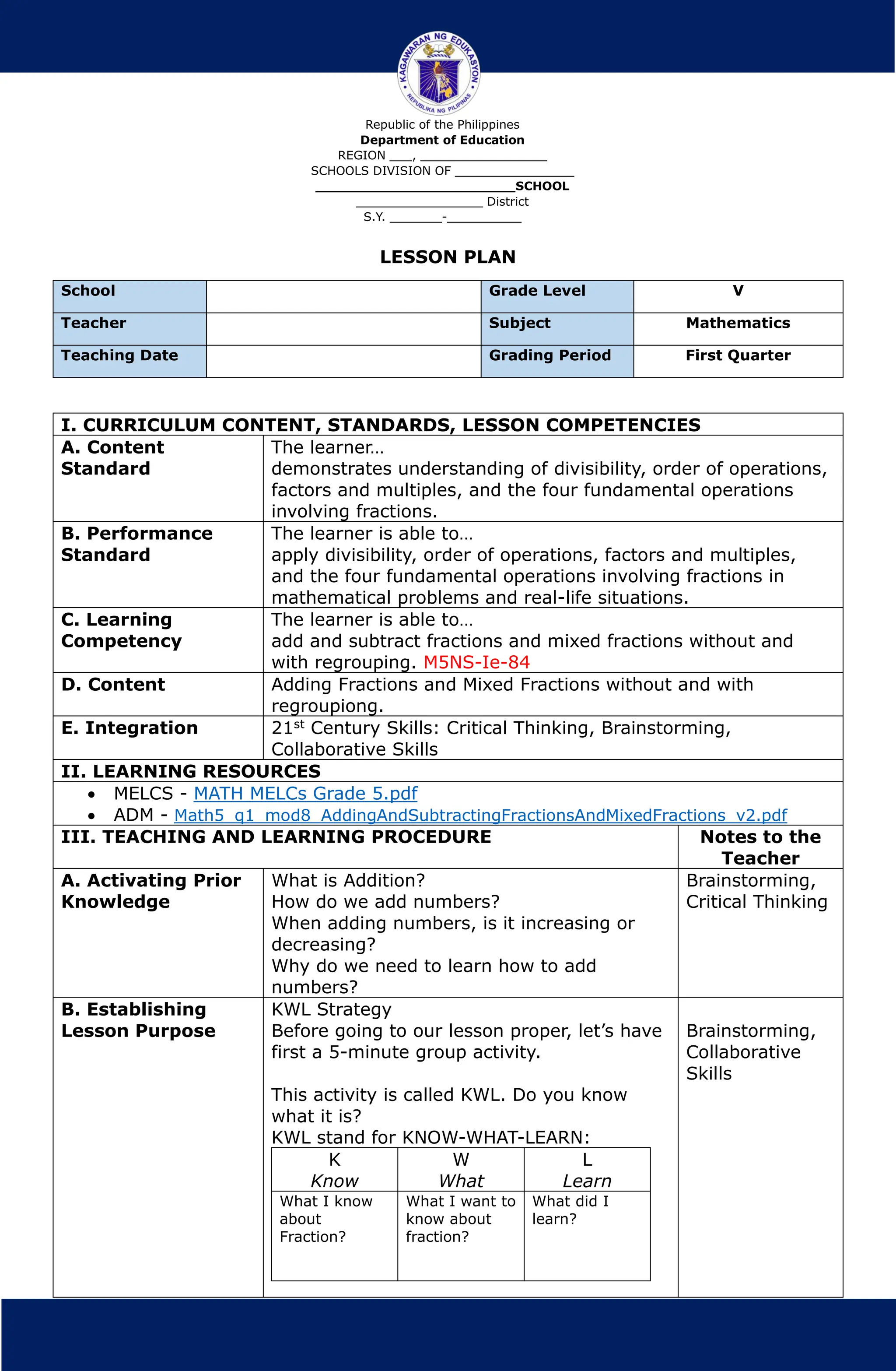 Lesson Plan in Adding Fractions with or without Regrouping ...