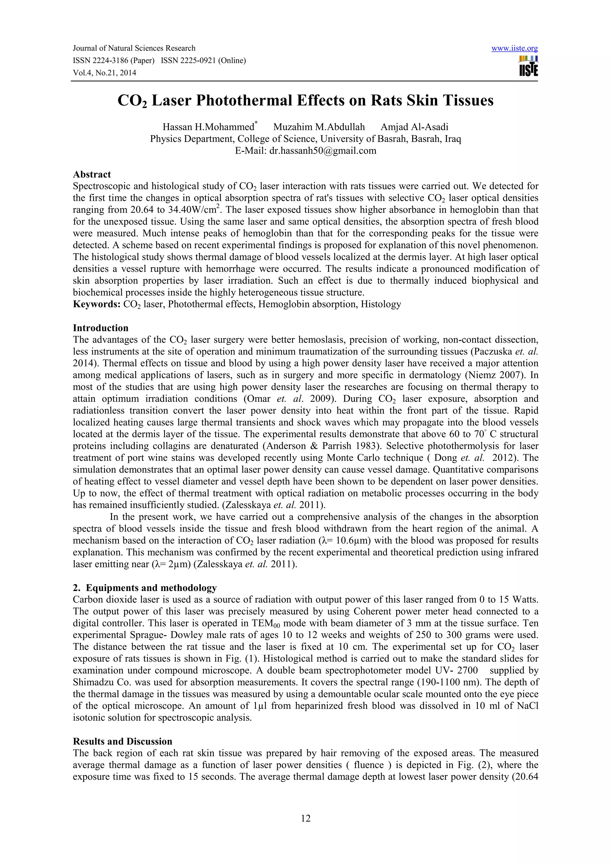 Co2 laser photothermal effects on rats skin tissues | PDF