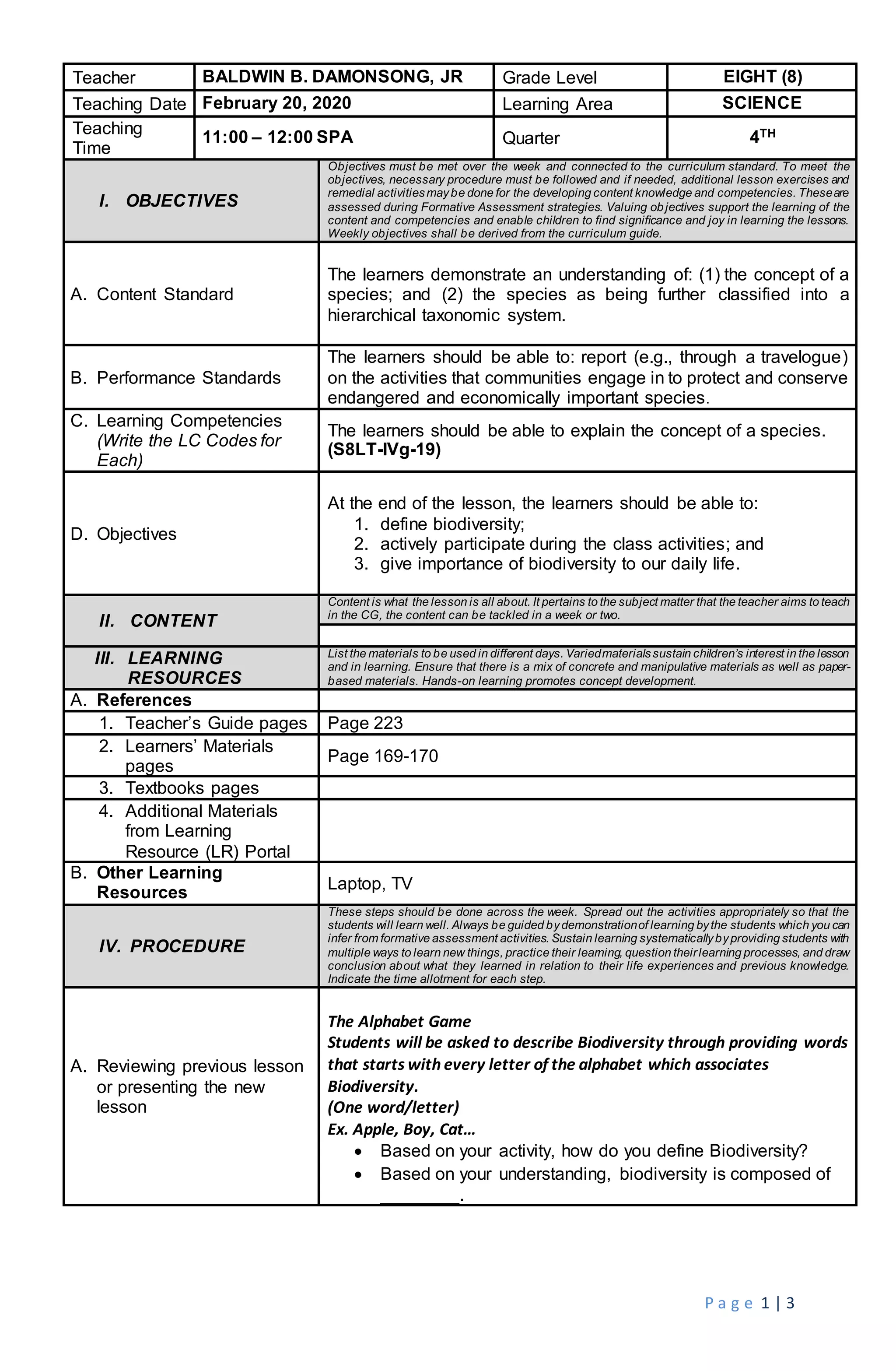 Biodiversity Daily Lesson Plan - Grade 8 Science | DOCX