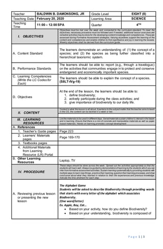Biodiversity Daily Lesson Plan - Grade 8 Science | DOCX