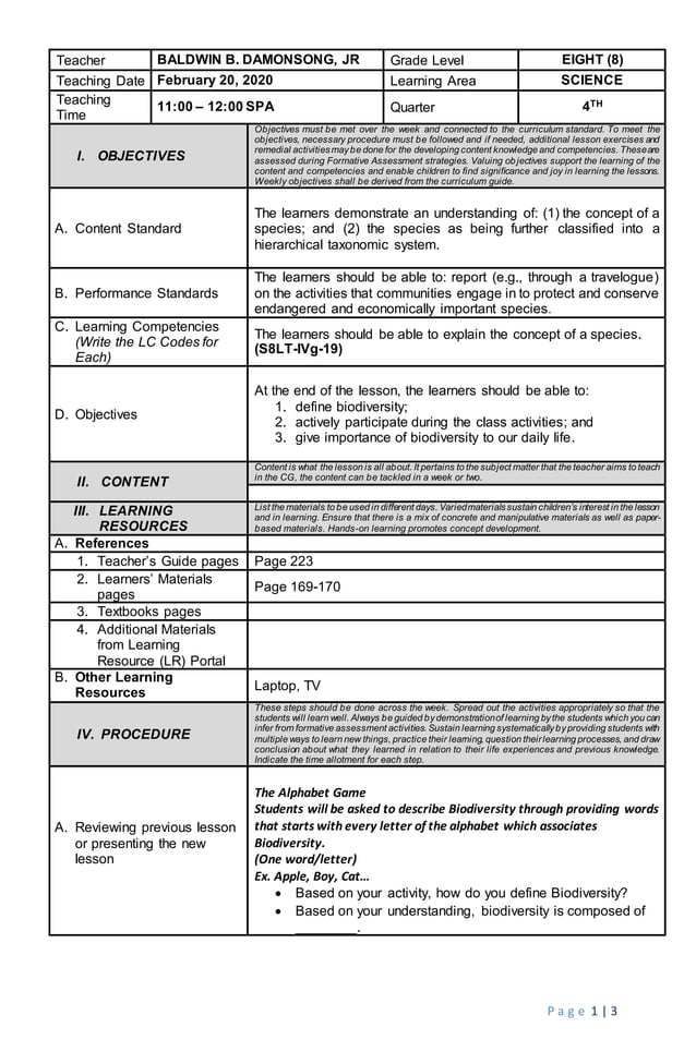 Biodiversity Daily Lesson Plan - Grade 8 Science | DOCX