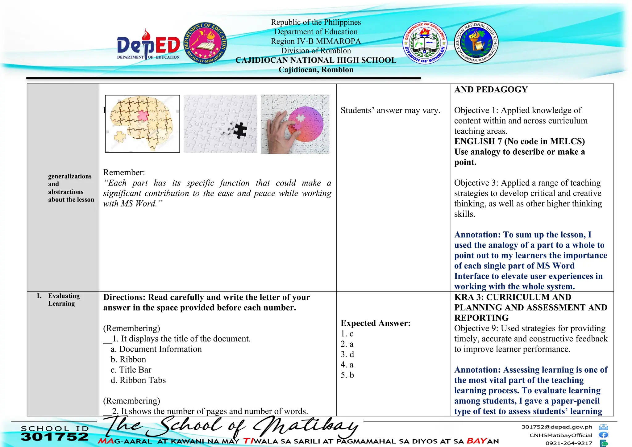 Daily Lesson Plan in MS Word Interface for Classroom Observation | DOCX