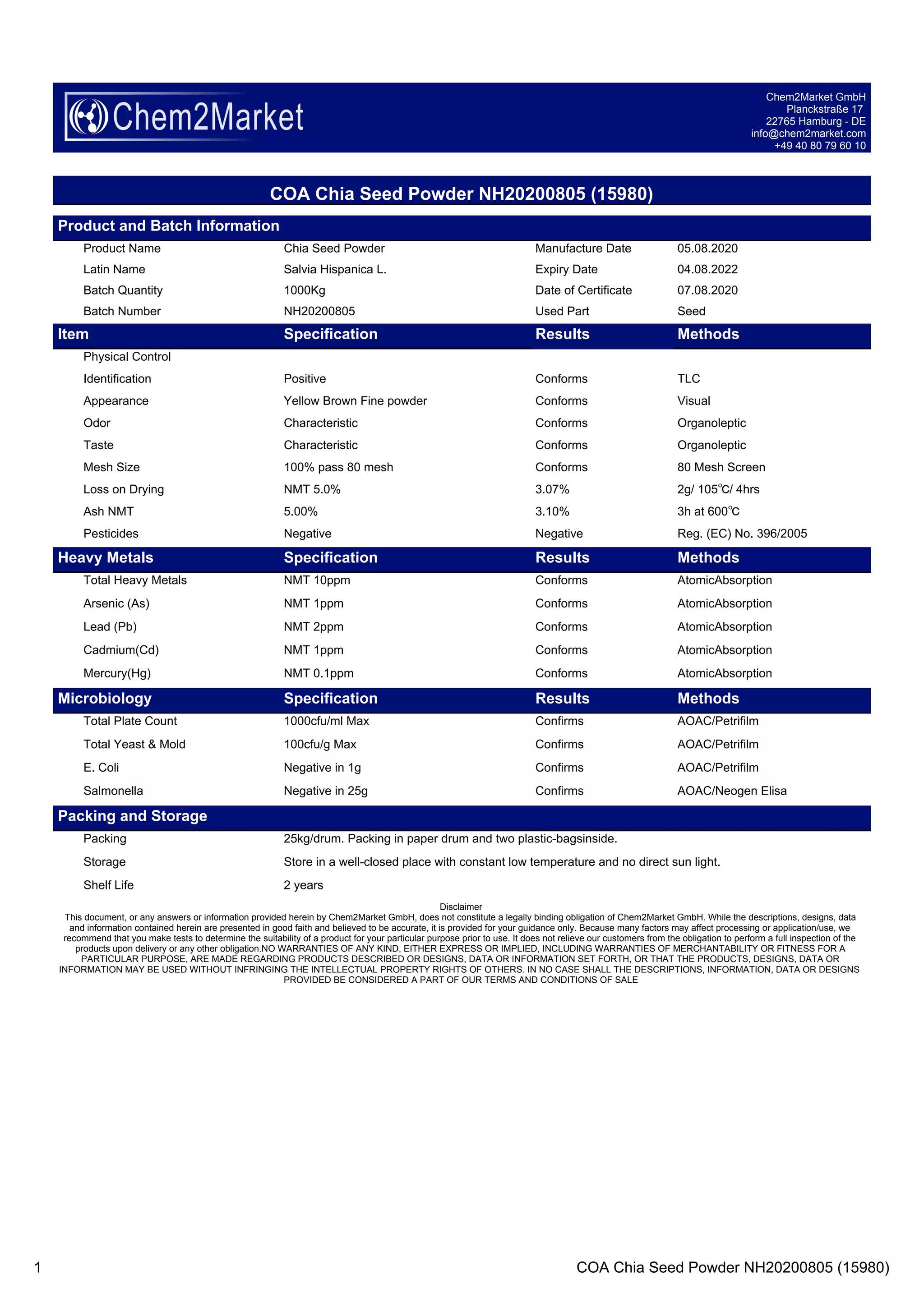 COA Chia Seed Powder | PDF