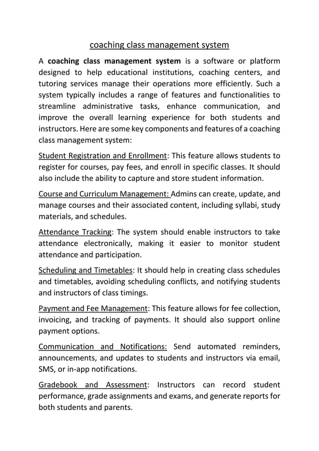 coaching class management system.docx | Educational Assessment | Education