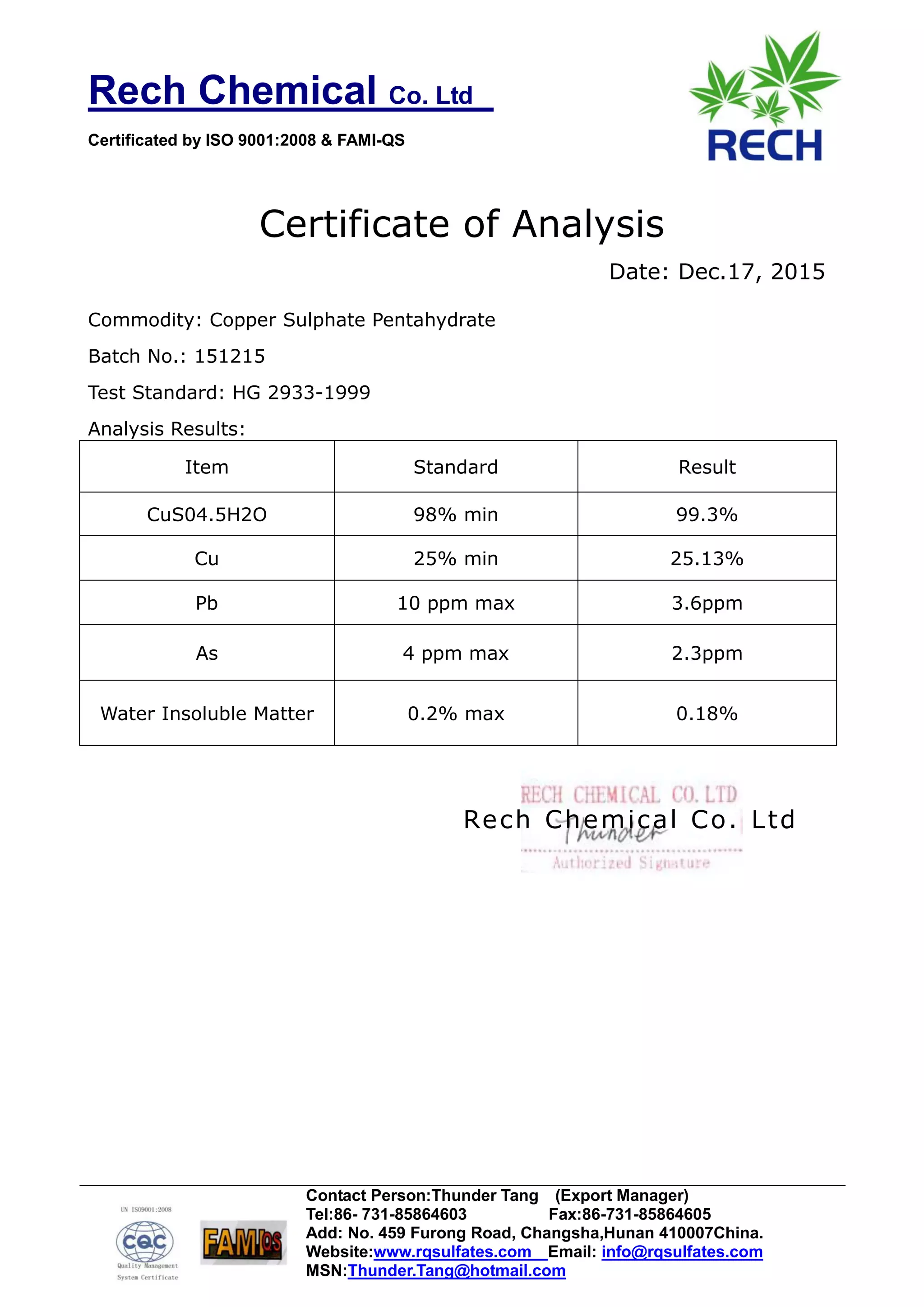 Certificate Of Analysis COA of Copper Sulfate Pentahydrate | PDF