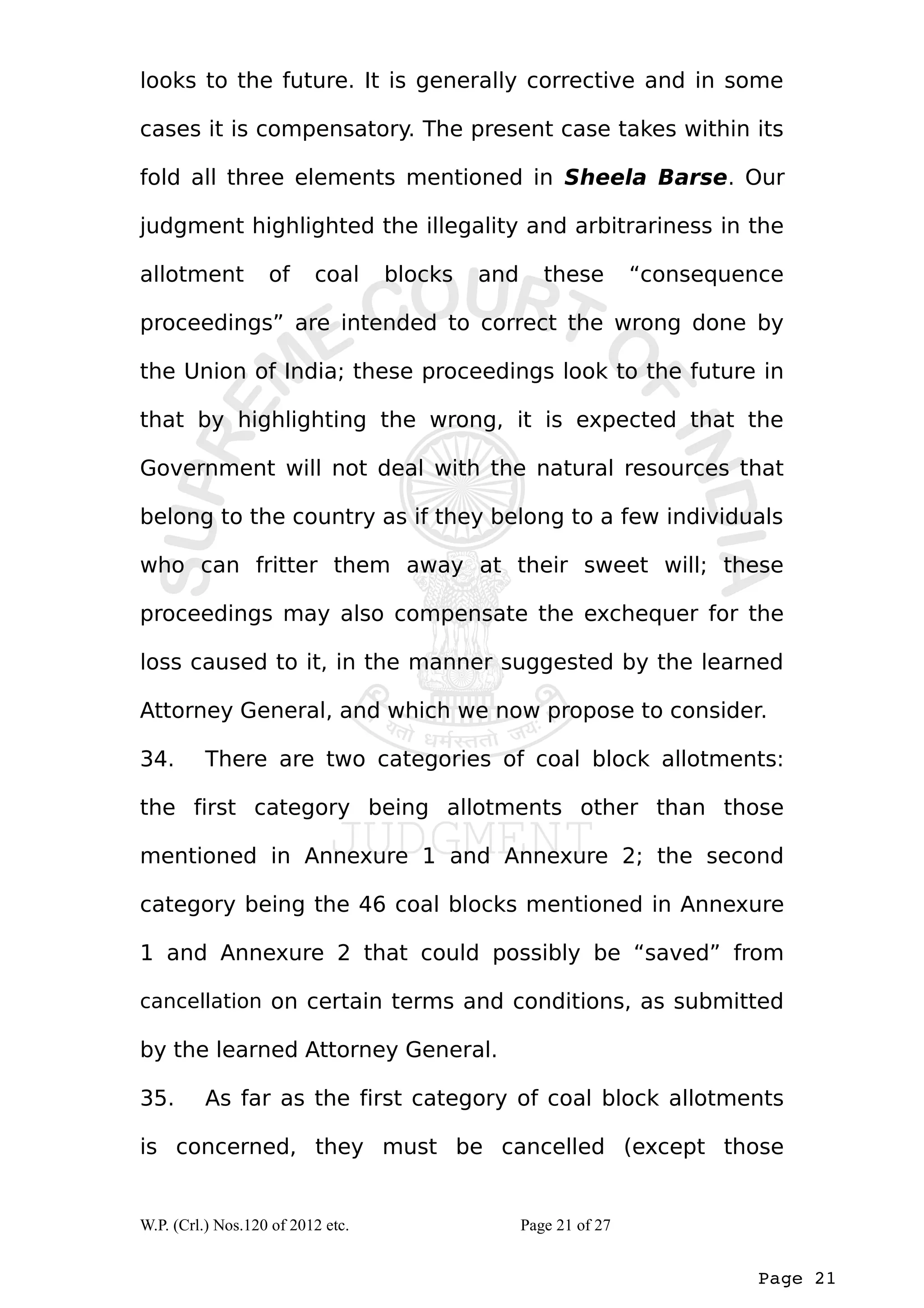 Verdict by Supreme Court Quashing Allocation of 218 Coal Blocks | PDF