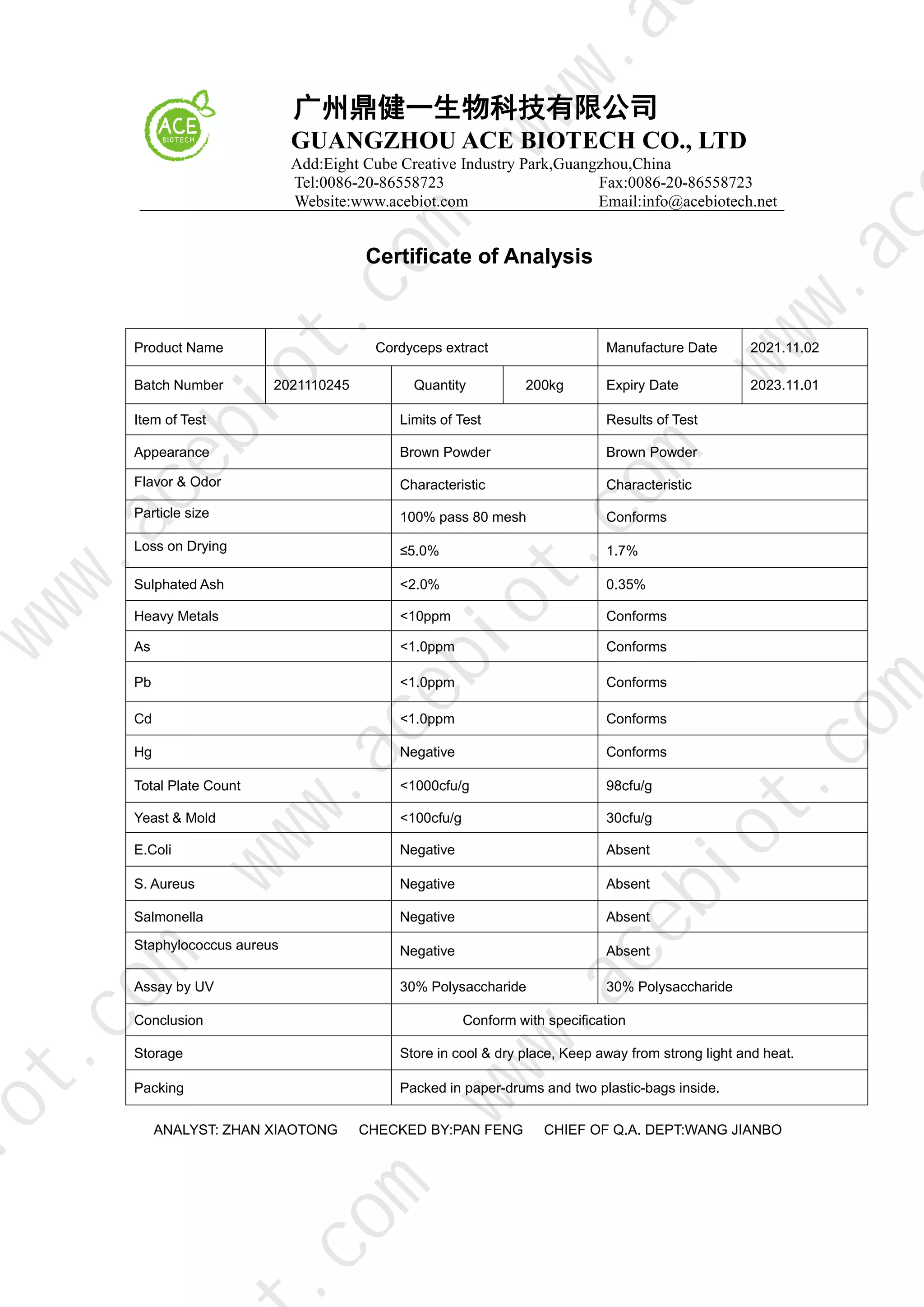 Coa of cordyceps extract | PDF