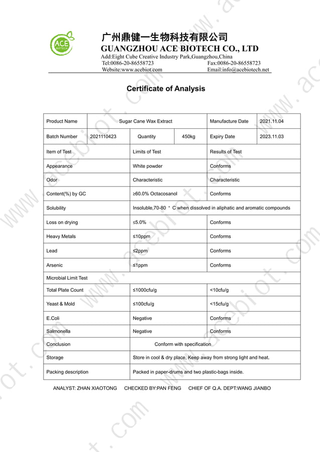 Coa of sugar cane wax extract | PDF | Chemistry | Science