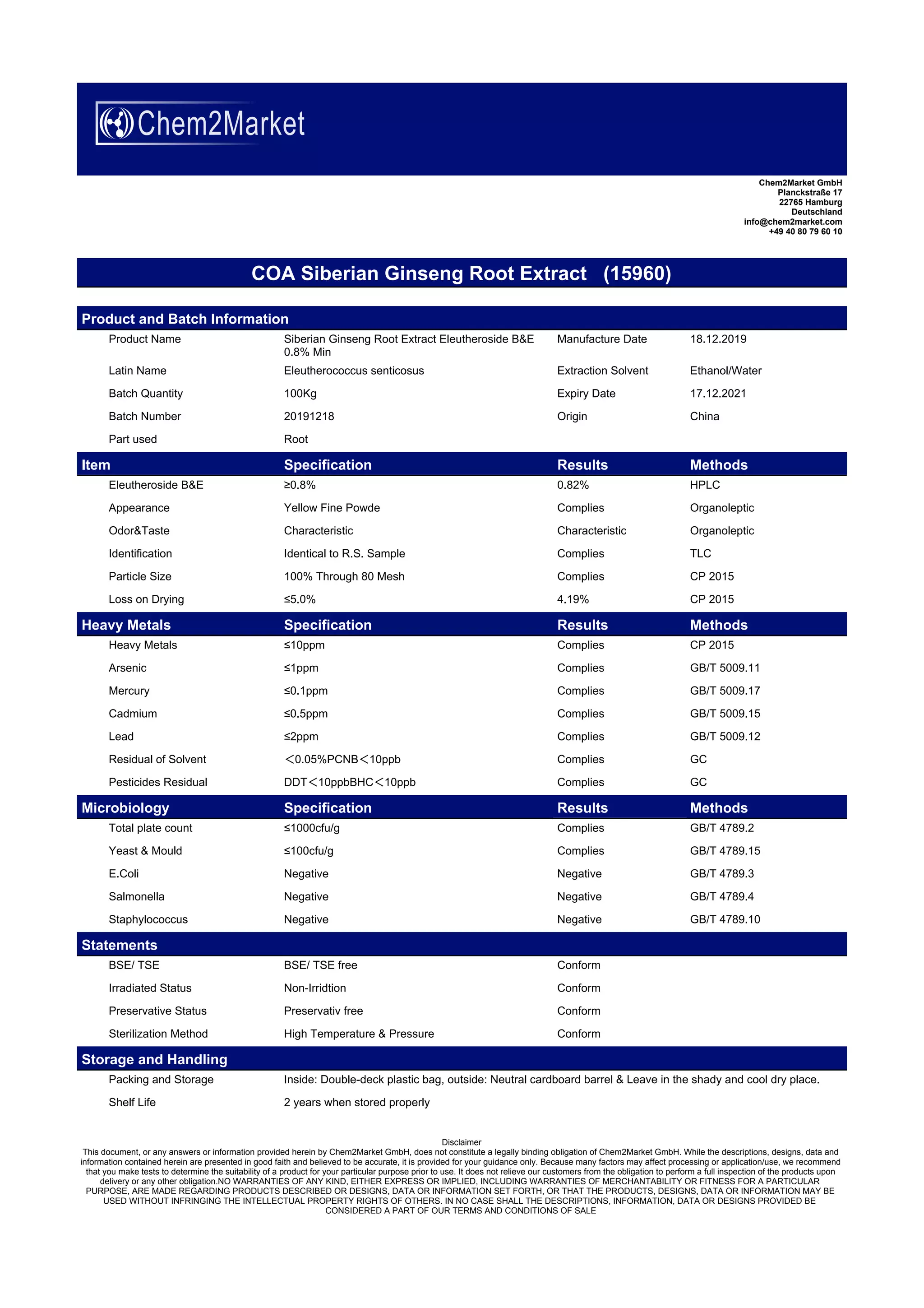 COA Siberian Ginseng Root Extract Eleutheroside 0.8% | PDF