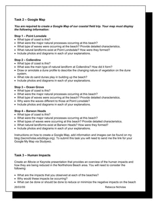 Coastal Fieldwork Assessment Task | DOC | Geography | Science