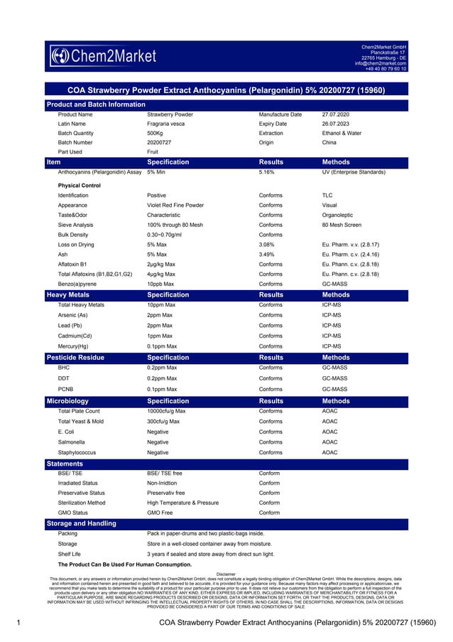 COA Strawberry Powder Extract Anthocyanins (Pelargonidin) 5% | PDF