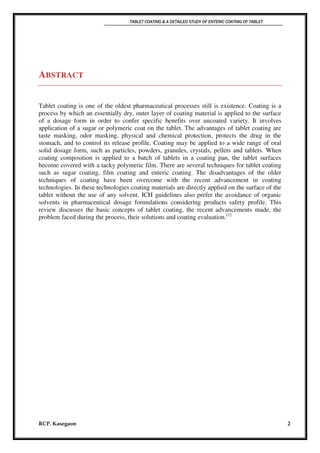 A Review on TABLET COATING & A DETAILED STUDY OF ENTERIC COATING OF ...
