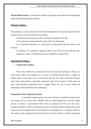 A Review on TABLET COATING & A DETAILED STUDY OF ENTERIC COATING OF ...