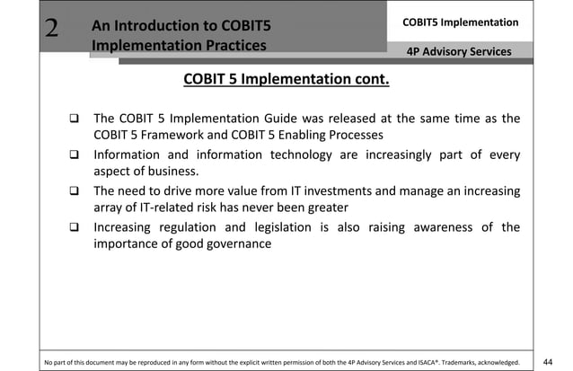 Cobit5 Implementation Training Guide For It Professionals Ppt