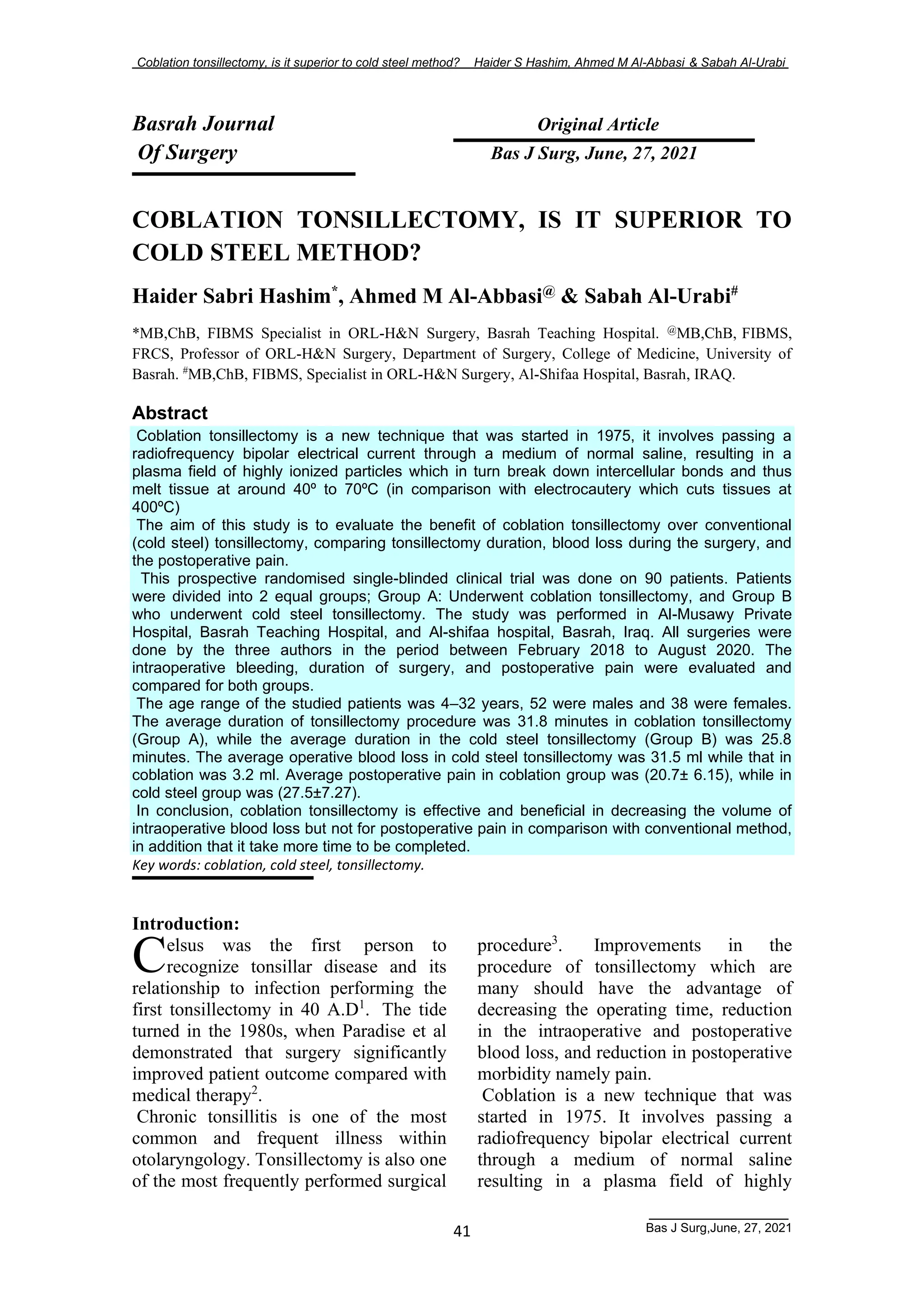 coblation tonsillectomy. is it superior to cold steel method? | PDF ...
