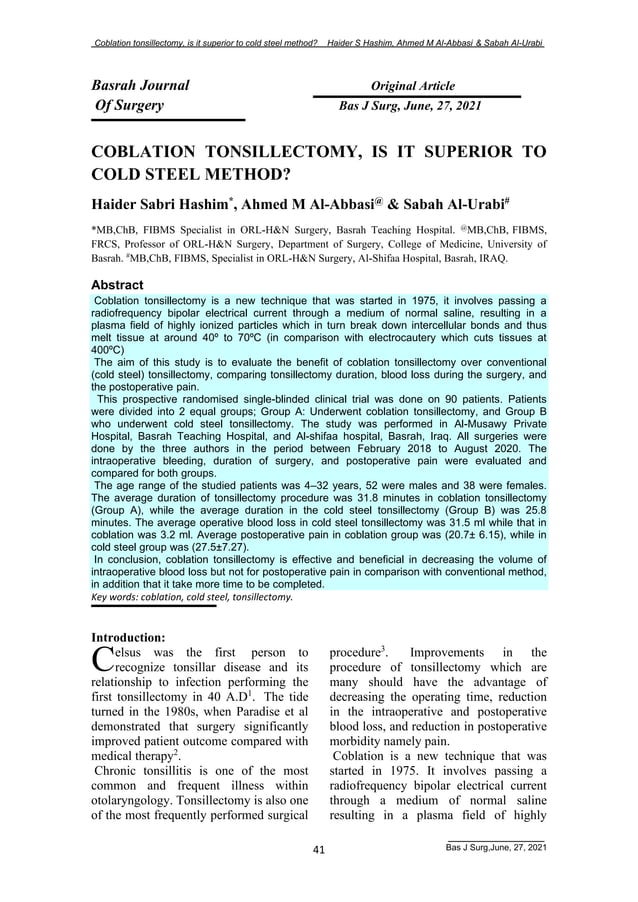 coblation tonsillectomy. is it superior to cold steel method? | PDF