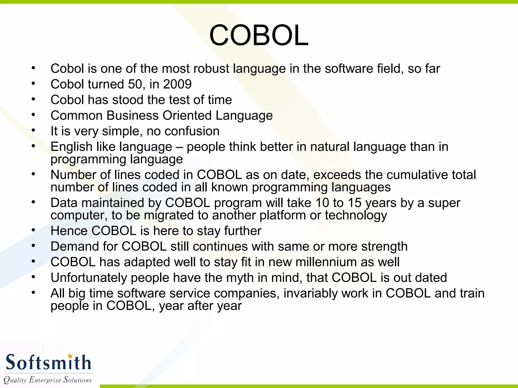 Cobol basics 19-6-2010 | PPT | Programming Languages | Computing