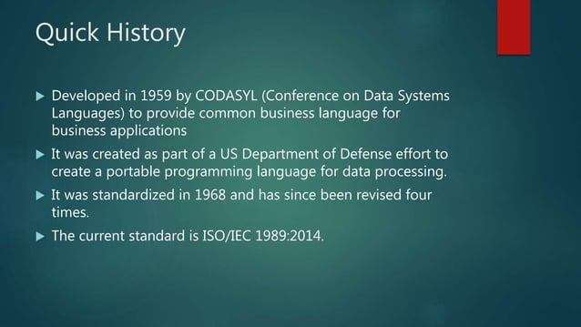 Cobol programming language | PPTX | Programming Languages | Computing