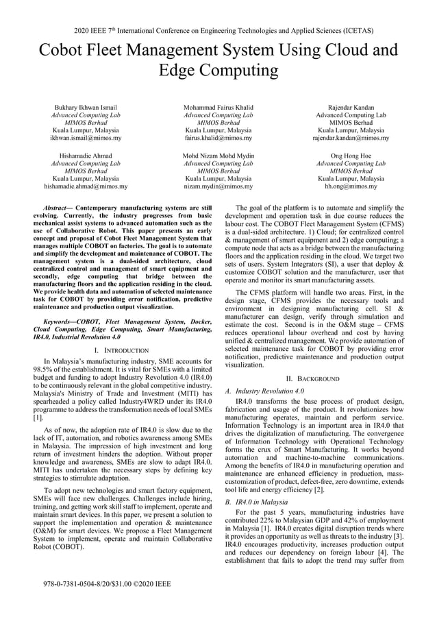 Cobot fleet management system using cloud and edge computing bukhary | PDF