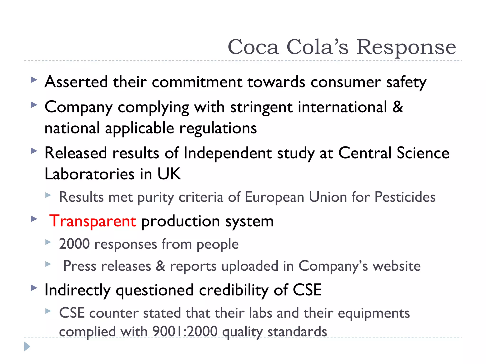Coca-Cola Company: Allegations of Pesticides in Soft-Drinks in India | PPT